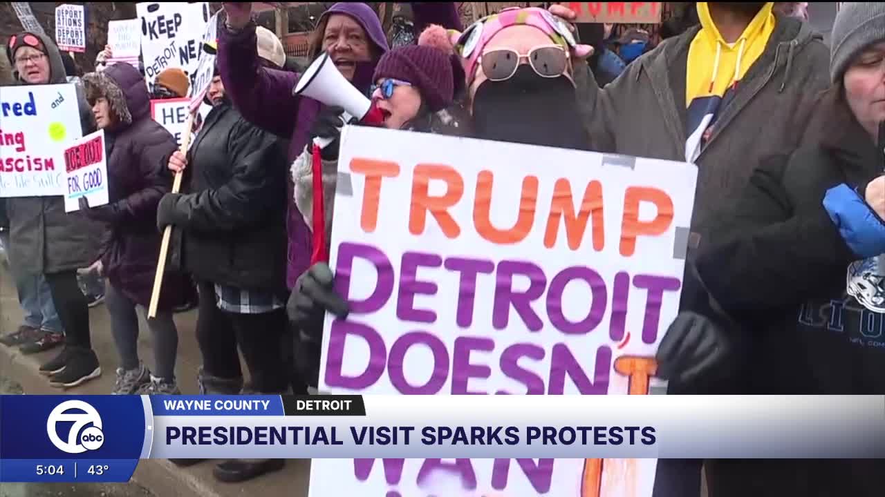 Hundreds gather to protest President Donald Trump’s visit to Detroit